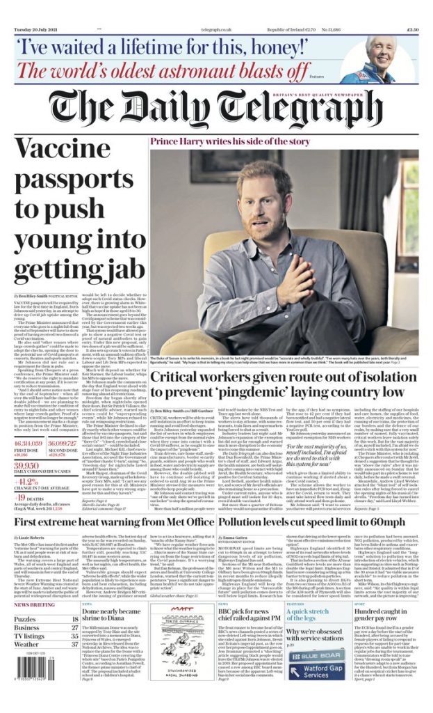 Daily Telegraph Front Page 20th of July 2021 - Tomorrow's Papers Today!