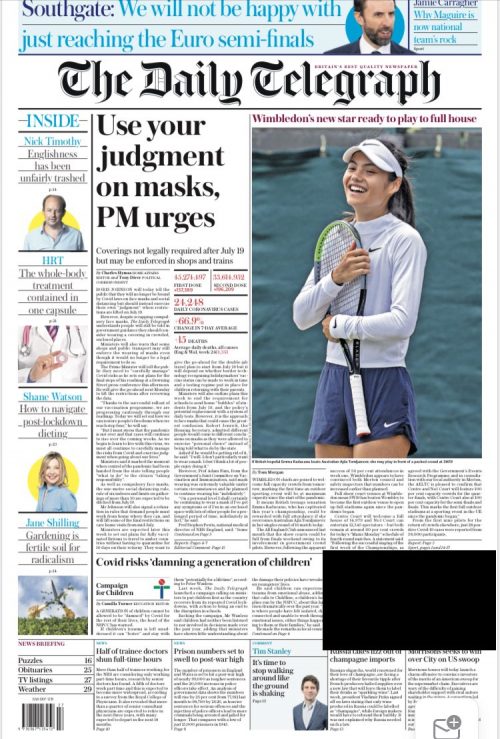 Daily Telegraph Front Page 5th of July 2021 - Tomorrow's Papers Today!