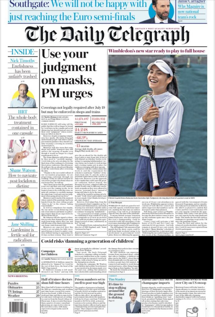 Daily Telegraph Front Page 5th of July 2021 - Tomorrow's Papers Today!