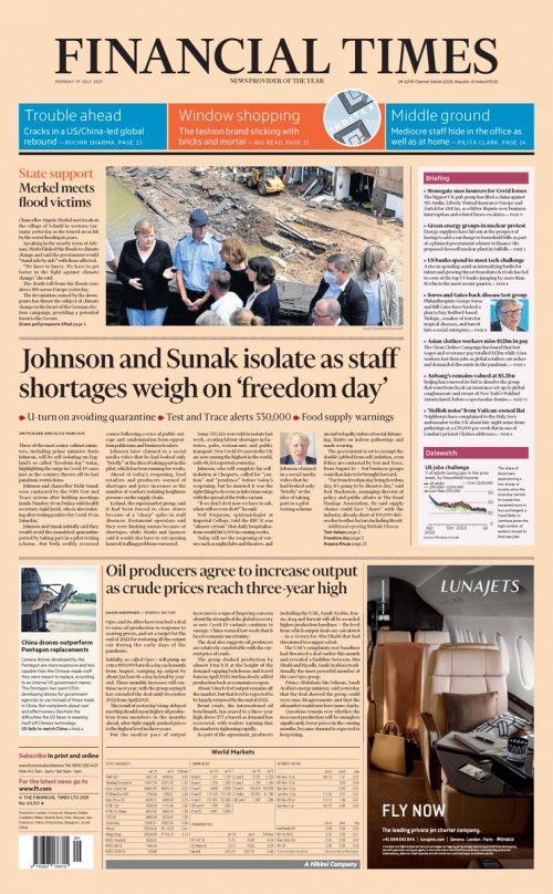 Financial Times Front Page 19th of July 2021 - Tomorrow's Papers Today!