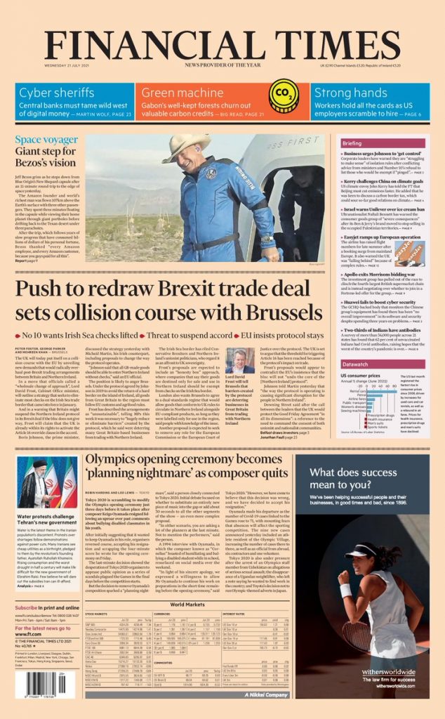 Financial Times Front Page 21st of July 2021 - Tomorrow's Papers Today!