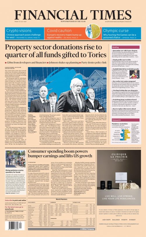 Financial Times Front Page 30th of July 2021 - Tomorrow's Papers Today!