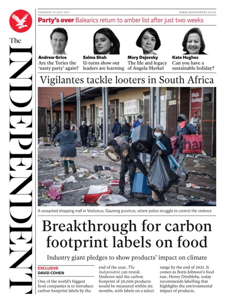 Independent Front Page 15th of July 2021 - Tomorrow's Papers Today!