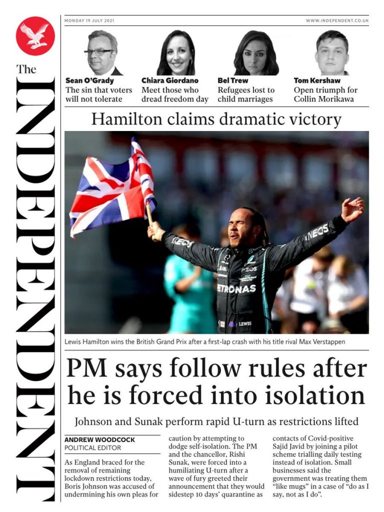 Independent Front Page 19th of July 2021 - Tomorrow's Papers Today!