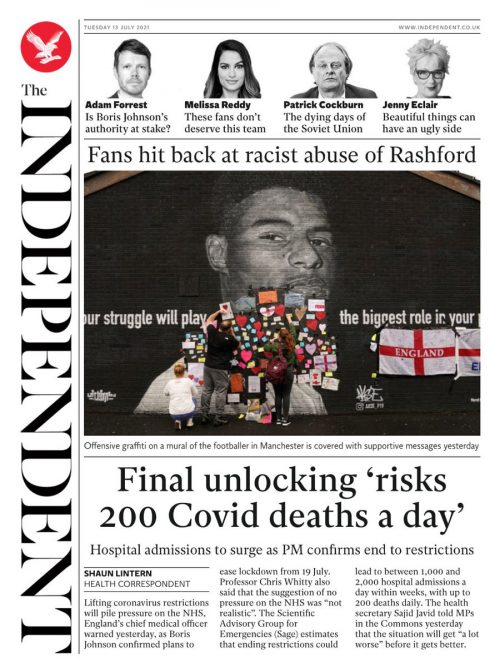 Independent Front Page 13th of July 2021 - Tomorrow's Papers Today!