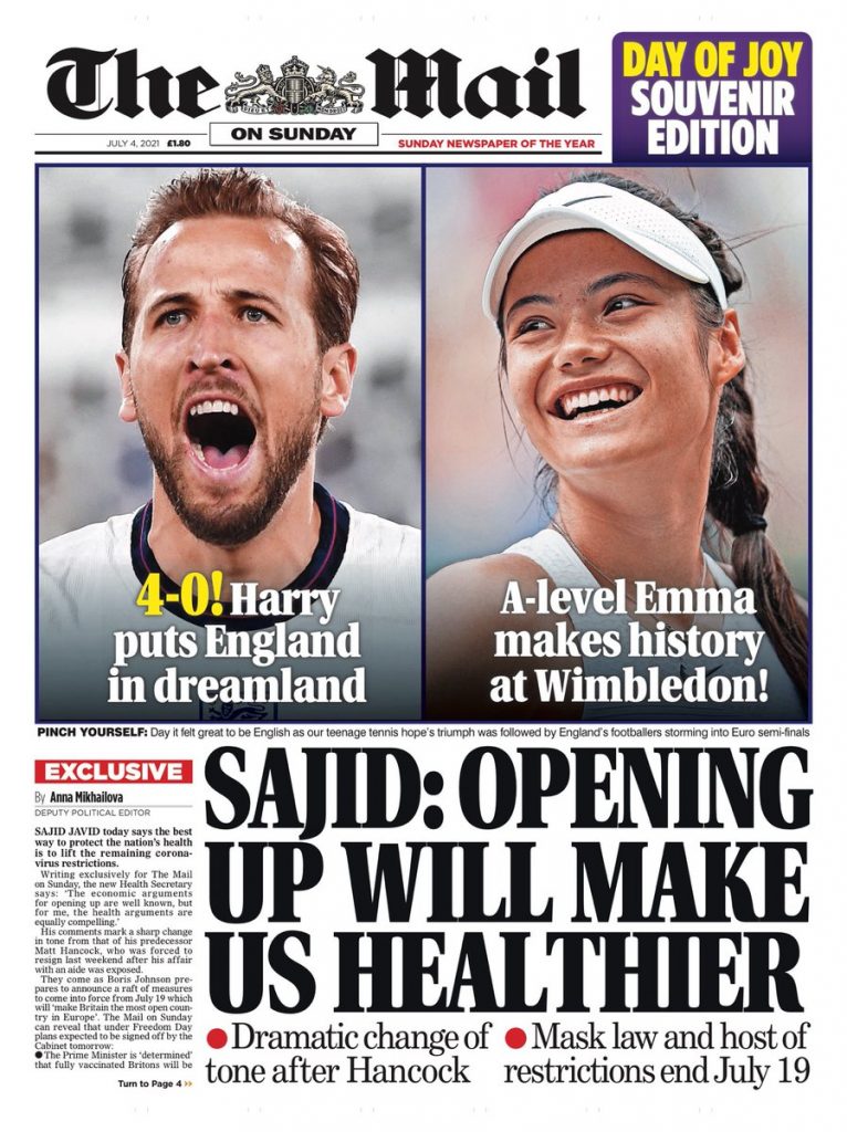 Mail on Sunday Front Page 4th of July 2021 - Tomorrow's Papers Today!