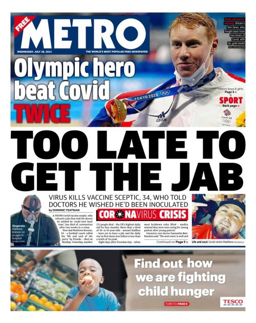 Metro Front Page 28th of July 2021 - Tomorrow's Papers Today!