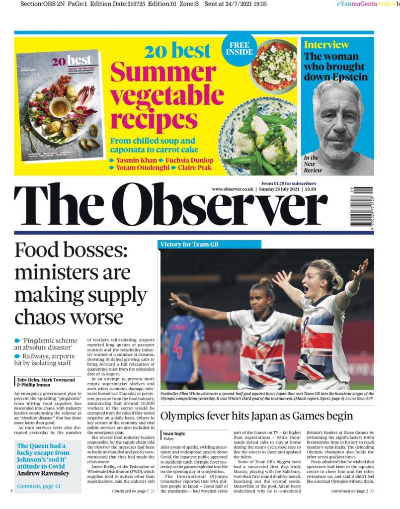Observer Front Page 25th of July 2021 - Tomorrow's Papers Today!