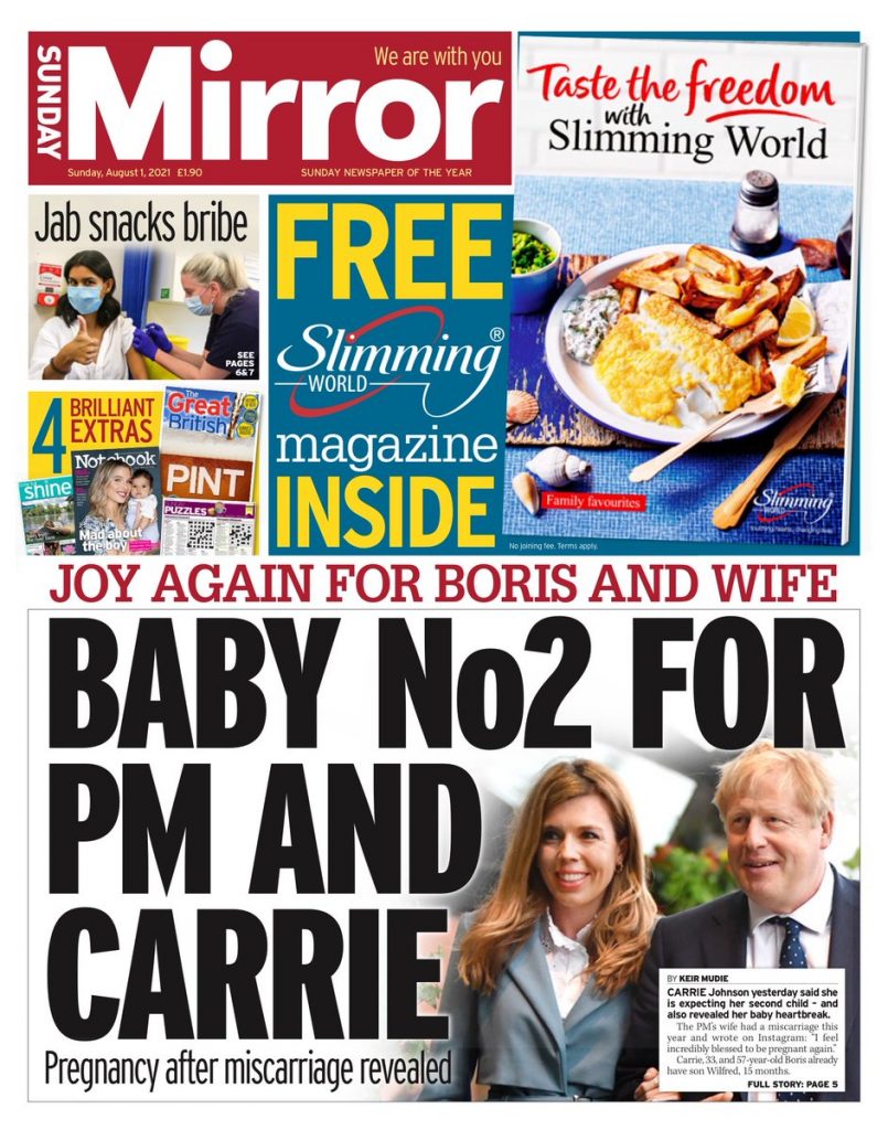 Sunday Mirror Front Page 1st of August 2021 - Tomorrow's Papers Today!