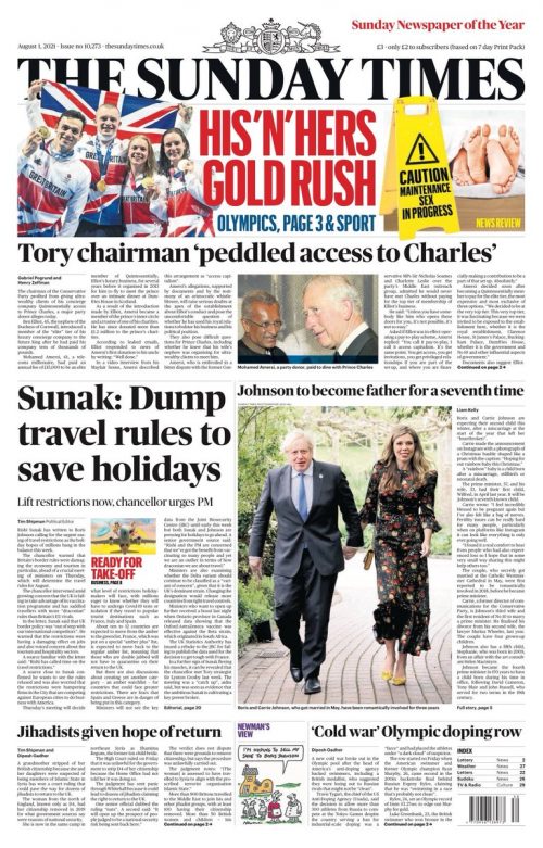 Sunday Times Front Page 1st of August 2021 - Tomorrow's Papers Today!