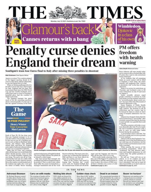 Times Front Page 12th of July 2021 - Tomorrow's Papers Today!