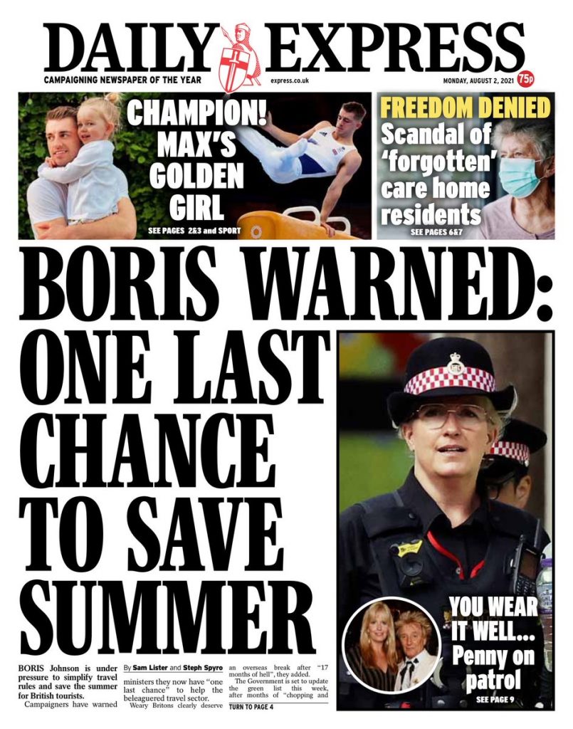 Daily Express Front Page 2nd of August 2021 - Tomorrow's Papers Today!