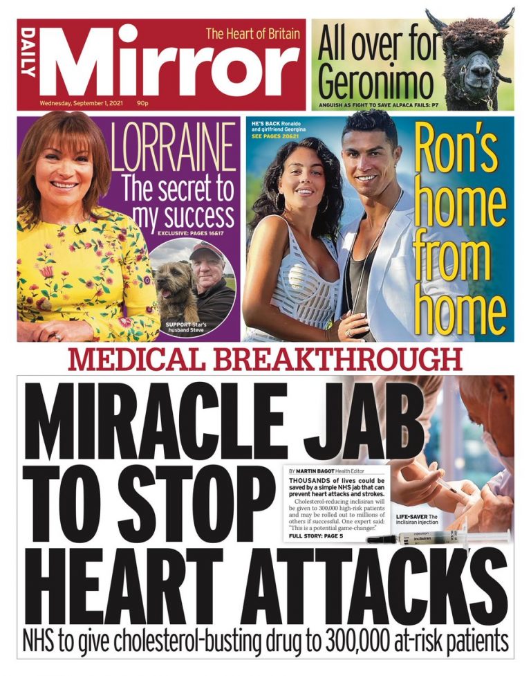 Daily Mirror Front Page 1st of September 2021 - Tomorrow's Papers Today!