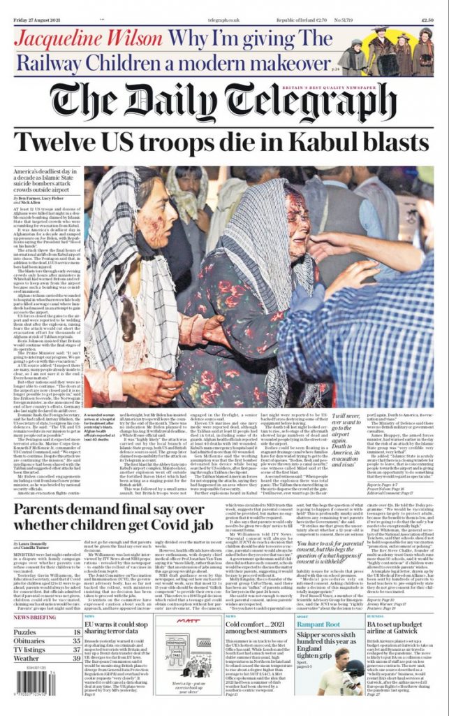 Daily Telegraph Front Page 27th of August 2021 - Tomorrow's Papers Today!