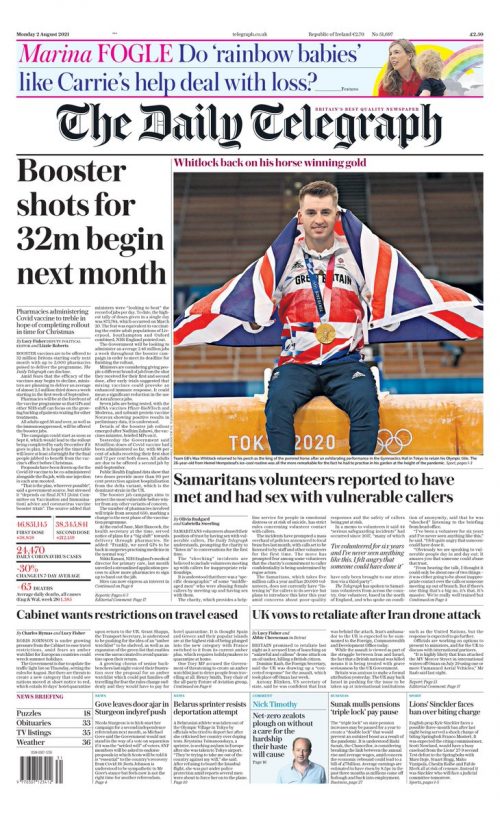 Daily Telegraph Front Page 2nd of November 2020 - Tomorrow's Papers Today!