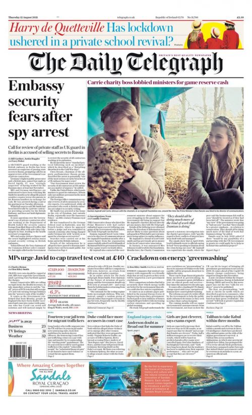 Daily Telegraph Front Page 12th of August 2021 - Tomorrow's Papers Today!