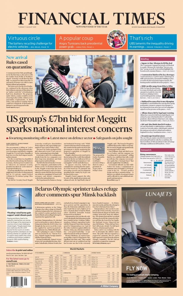 Financial Times Front Page 3rd of August 2021 - Tomorrow's Papers Today!