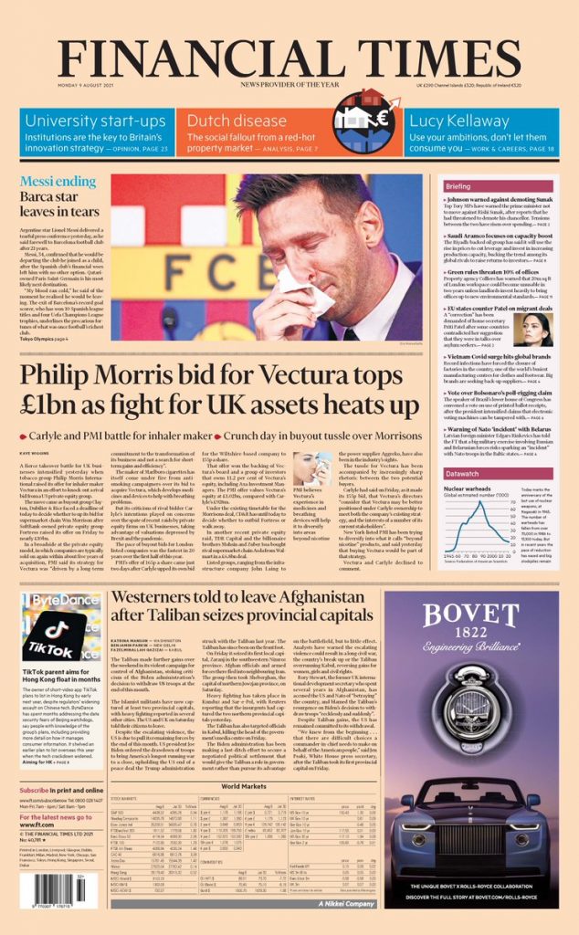 Financial Times Front Page 9th of August 2021 - Tomorrow's Papers Today!