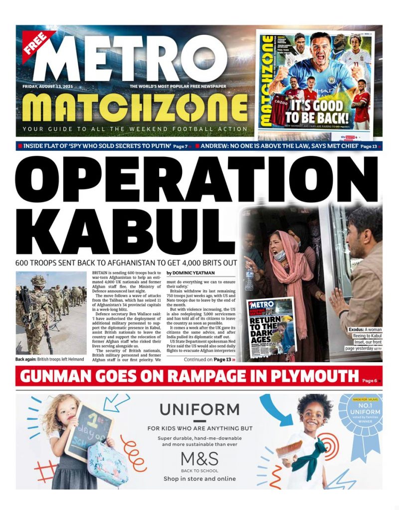 Metro Front Page 13th of August 2021 - Tomorrow's Papers Today!