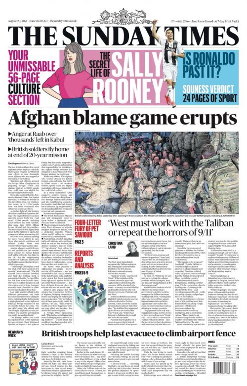 Sunday Times Front Page 29th of August 2021 - Tomorrow's Papers Today!