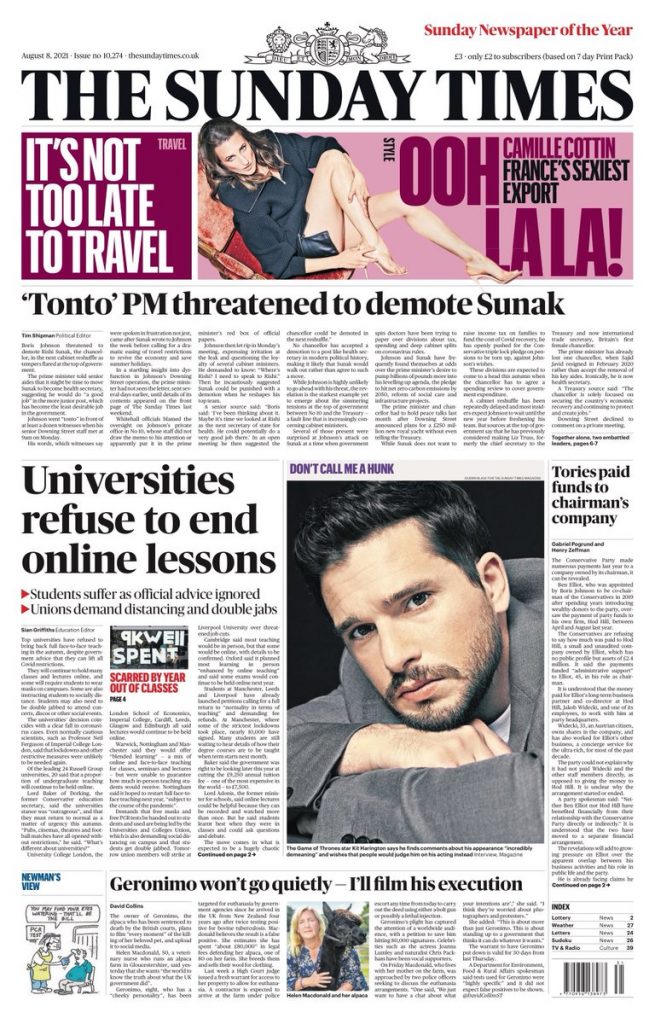 Sunday Times Front Page 8th of August 2021 - Tomorrow's Papers Today!