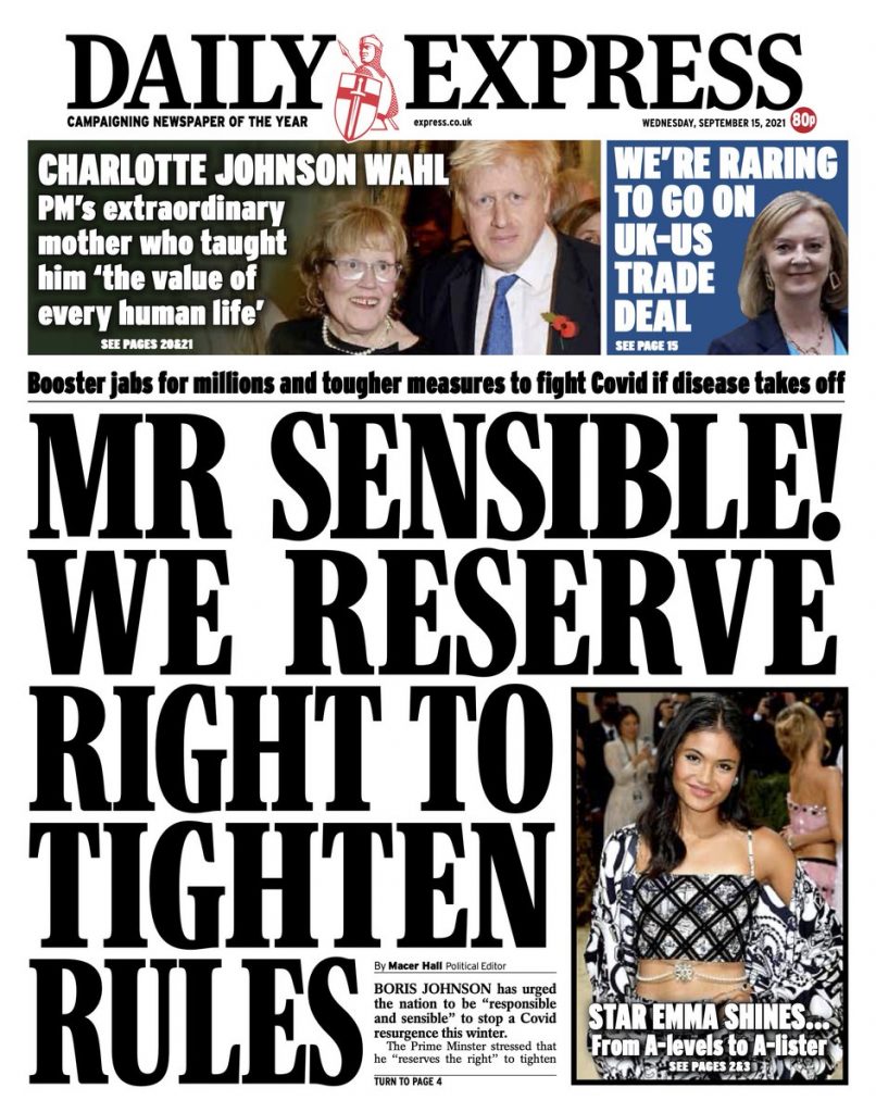 Daily Express Front Page 15th of September 2021 - Tomorrow's Papers Today!