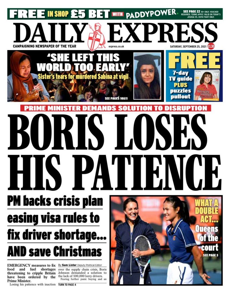 Daily Express Front Page 25th of September 2021 - Tomorrow's Papers Today!
