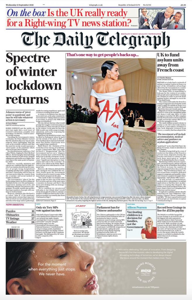 Daily Telegraph Front Page 15th of September 2021 - Tomorrow's Papers ...