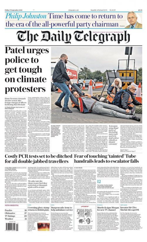 Daily Telegraph Front Page 17th of September 2021 - Tomorrow's Papers ...