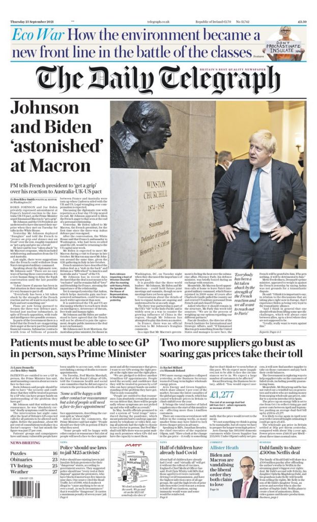 Daily Telegraph Front Page 23rd of September 2021 - Tomorrow's Papers ...