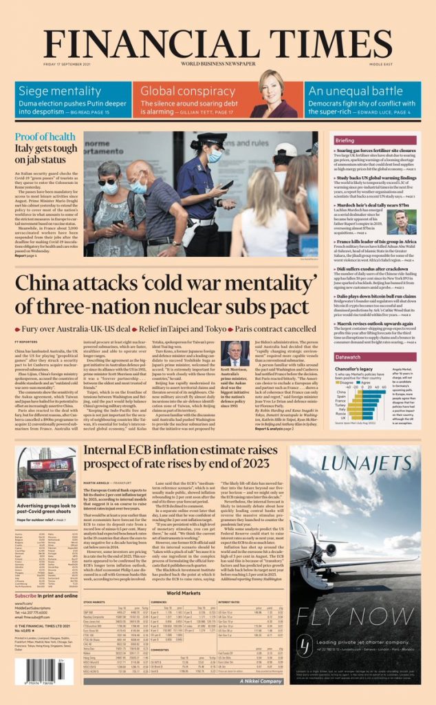Financial Times Front Page 17th of September 2021 - Tomorrow's Papers ...