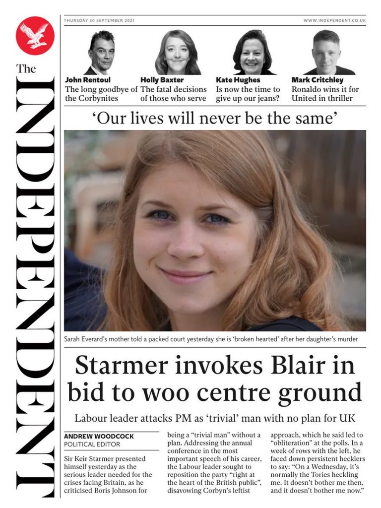 Independent Front Page 30th of September 2021 - Tomorrow's Papers Today!
