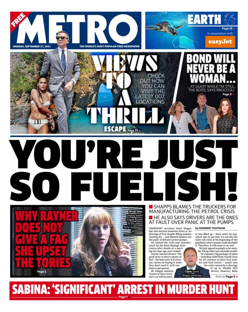 Metro Front Page 27th of September 2021 - Tomorrow's Papers Today!