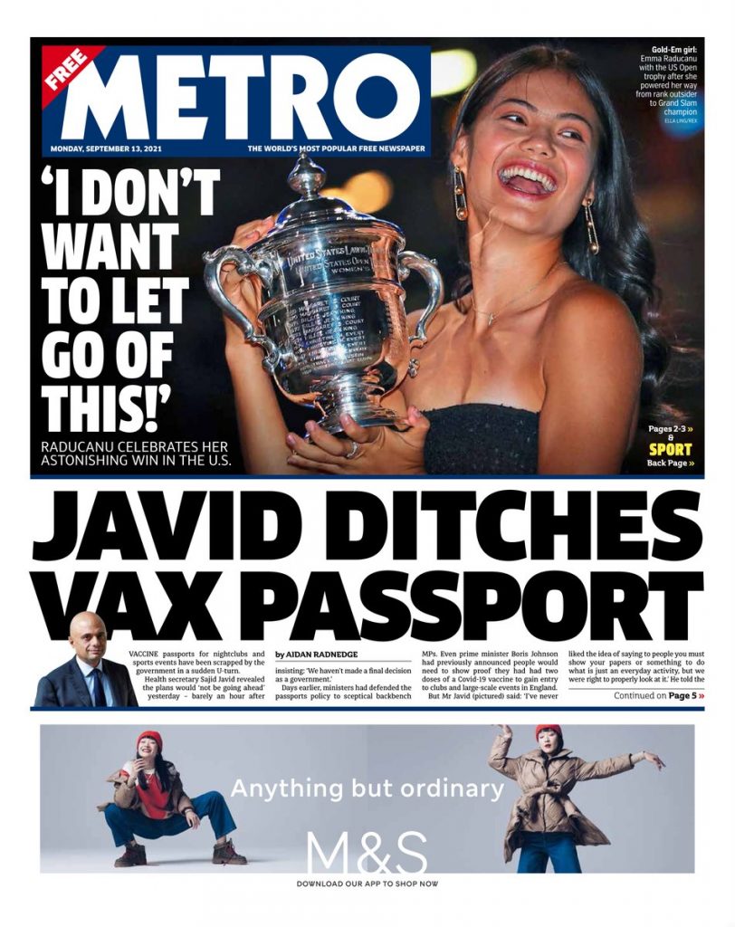 Metro Front Page 13th of September 2021 - Tomorrow's Papers Today!