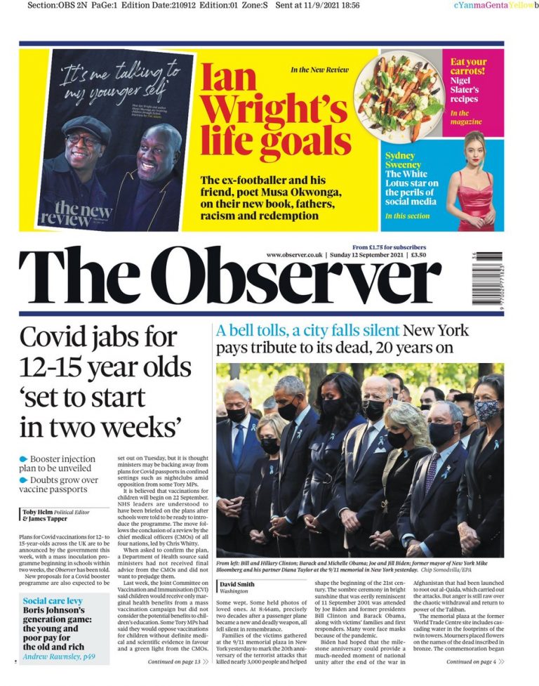 Observer Front Page 12th of September 2021 - Tomorrow's Papers Today!