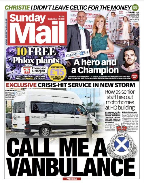 Sunday Mail Front Page 19th of September 2021 - Tomorrow's Papers Today!