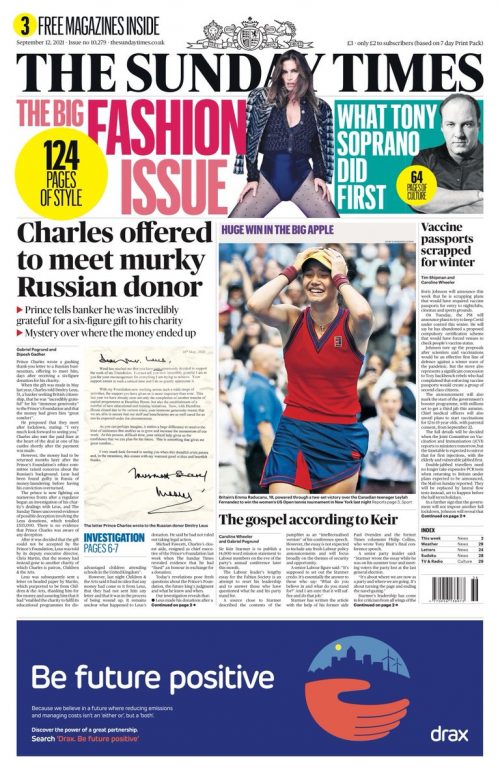 Sunday Times Front Page 12th of September 2021 - Tomorrow's Papers Today!