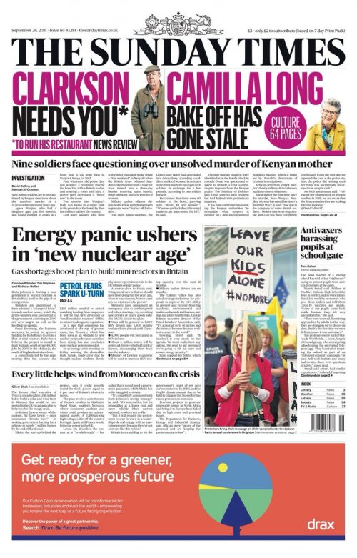 Sunday Times Front Page 26th of September 2021 - Tomorrow's Papers Today!
