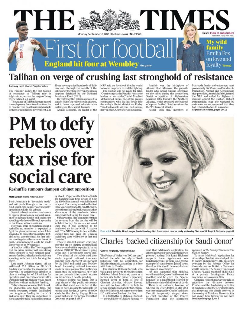 Times Front Page 6th of September 2021 - Tomorrow's Papers Today!