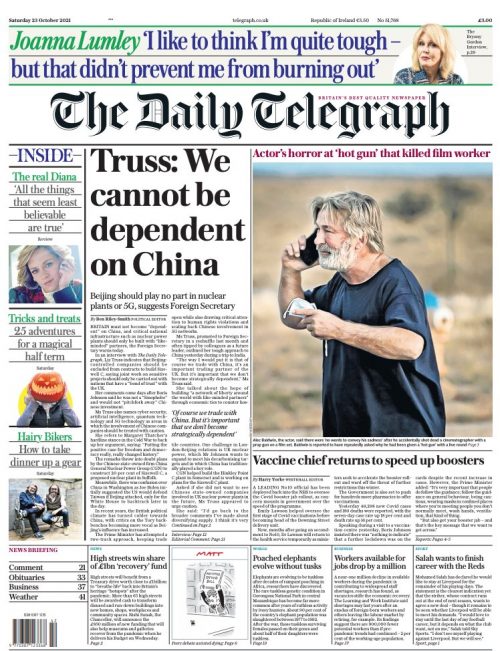 Daily Telegraph Front Page 23rd of October 2021 - Tomorrow's Papers Today!