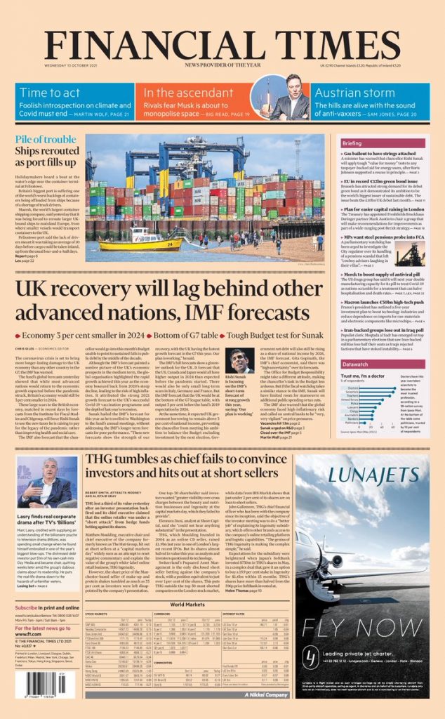 Financial Times Front Page 13th of October 2021 - Tomorrow's Papers Today!