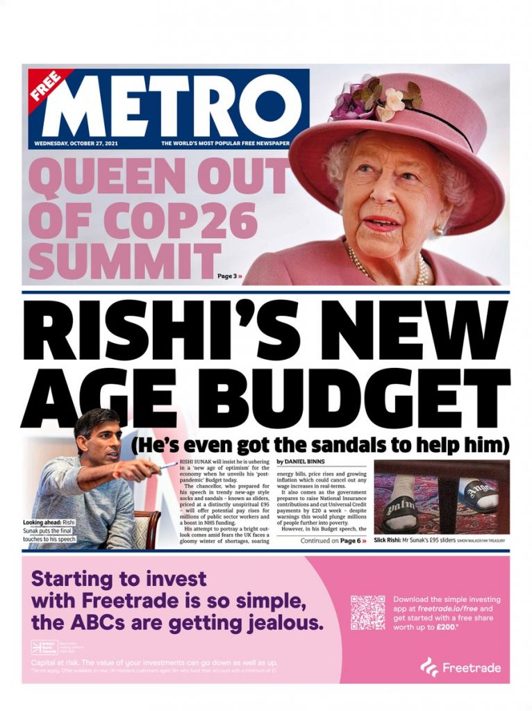 Metro Front Page 27th of October 2021 - Tomorrow's Papers Today!