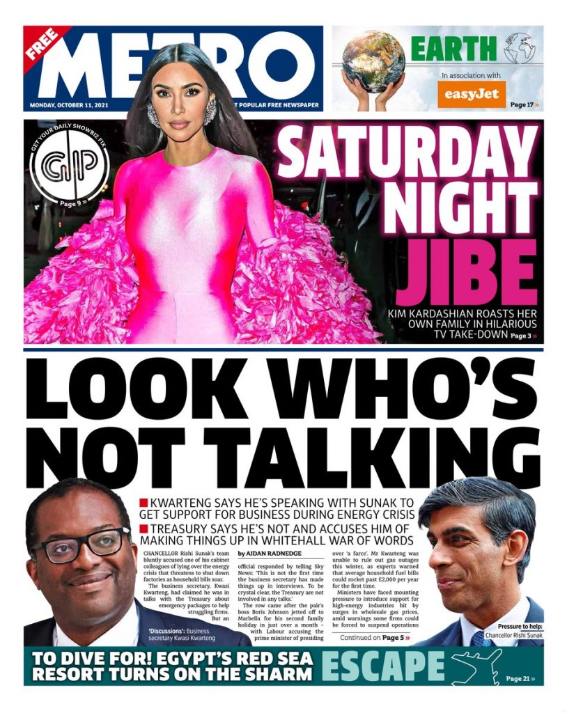 Metro Front Page 11th of October 2021 - Tomorrow's Papers Today!