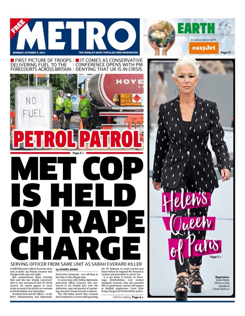 Metro Front Page 4th of October 2021 - Tomorrow's Papers Today!