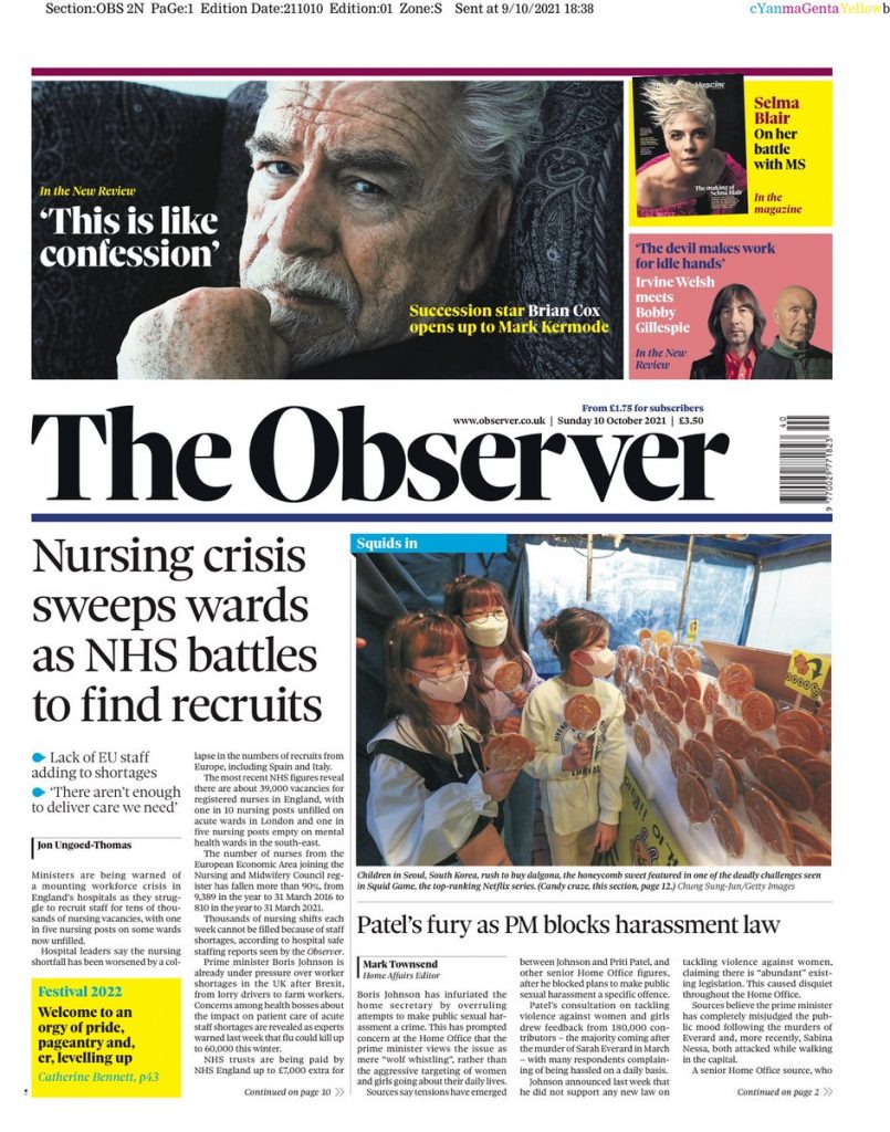 Observer Front Page 10th of October 2021 - Tomorrow's Papers Today!