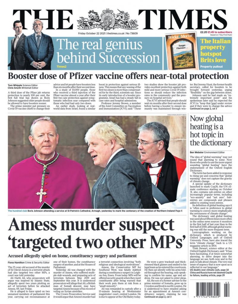 Times Front Page 22nd of October 2021 - Tomorrow's Papers Today!