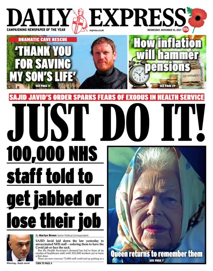 Daily Express Front Page 10th of November 2021 - Tomorrow's Papers Today!