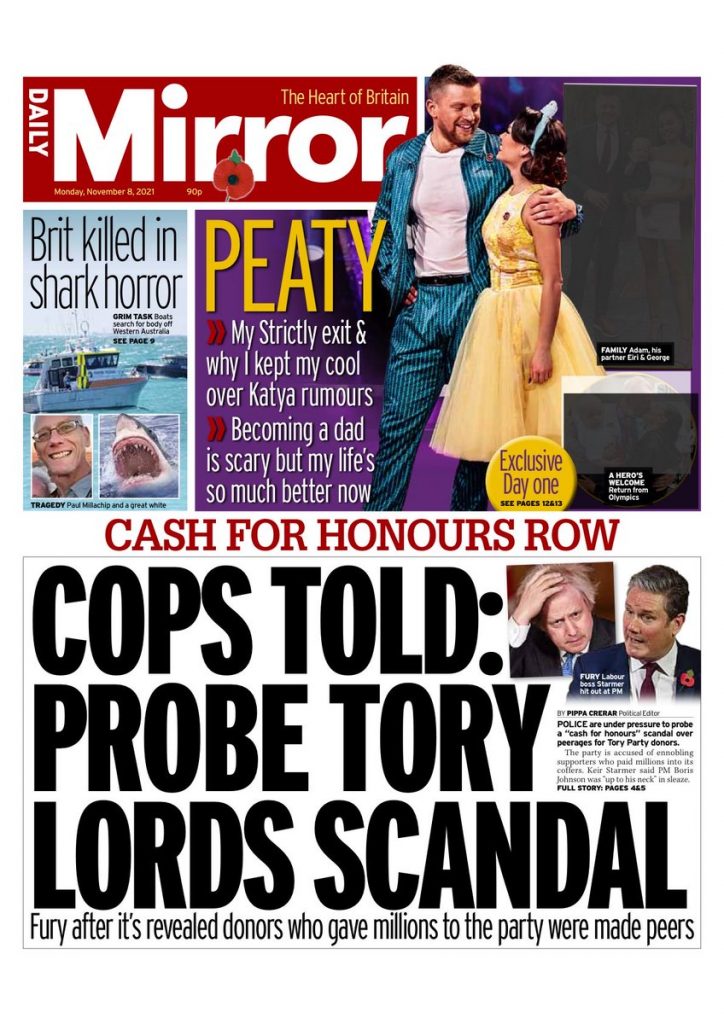 Daily Mirror Front Page 8th of November 2021 - Tomorrow's Papers Today!