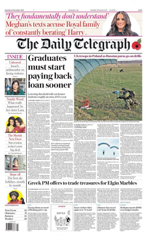 Daily Telegraph Front Page 13th of November 2021 - Tomorrow's Papers Today!