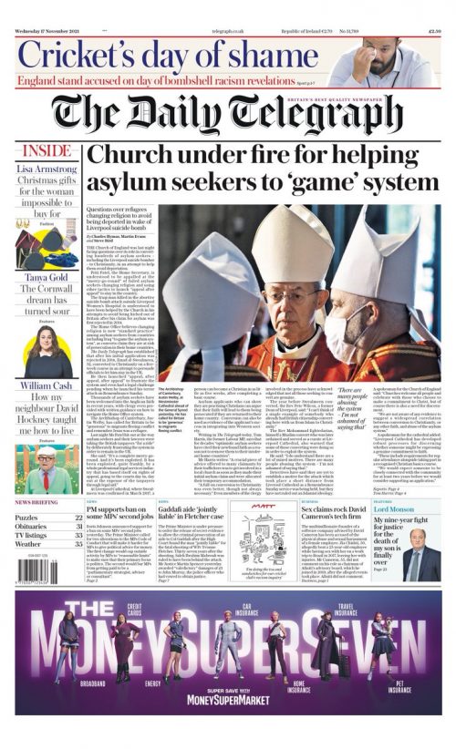 Daily Telegraph Front Page 17th of November 2021 - Tomorrow's Papers Today!